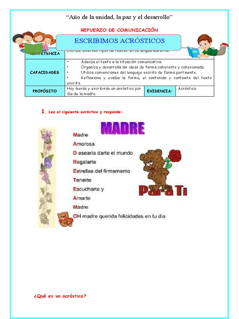 F.refuerzo Comu 3 Acrostico A Mamá | PDF | Comunicación humana ...