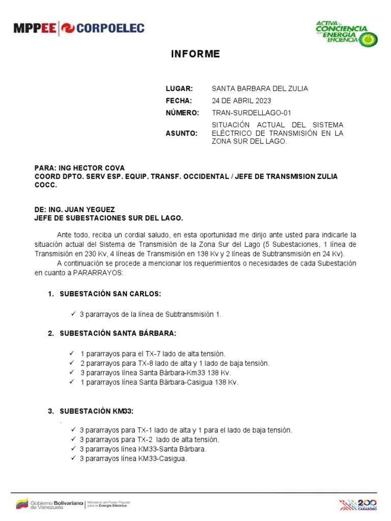 PARARRAYOS Informe Transmision Sur del Lago Abril 2023 | PDF