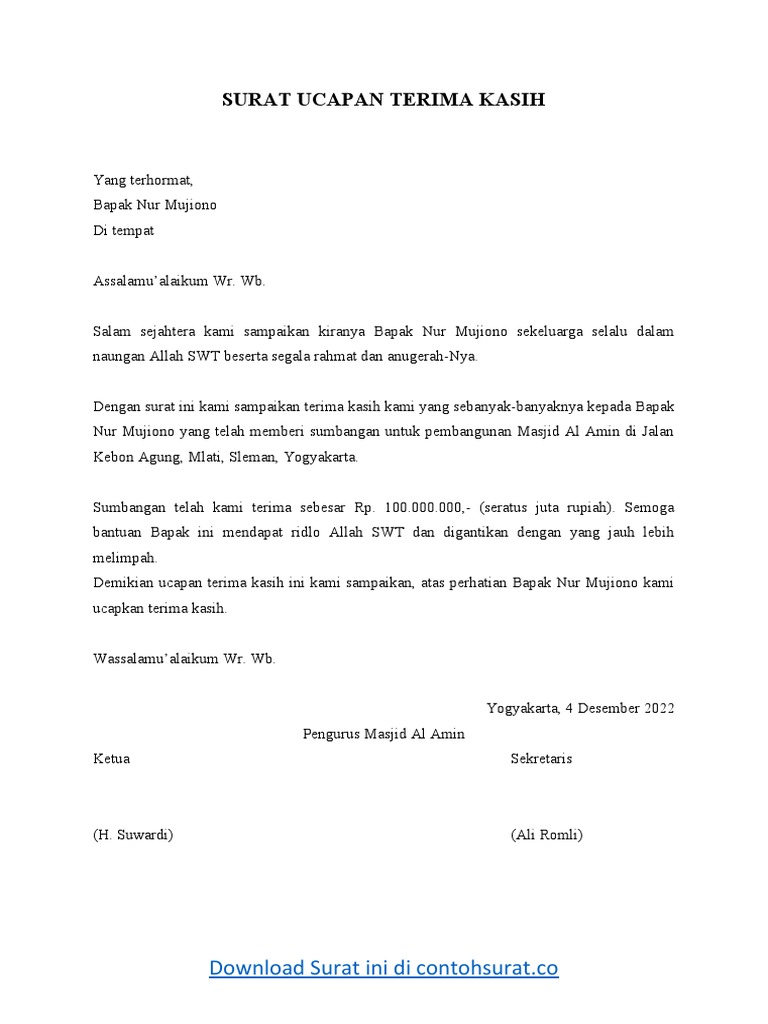 417 Contoh Surat Ucapan Terima Kasih Atas Sumbangan Bantuan Dana Yang