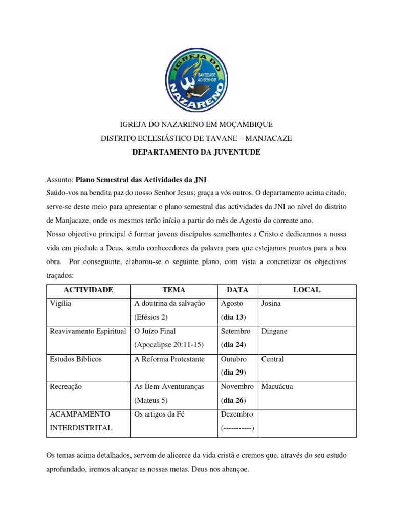 Plano Semestral JNI Manjacaze 2023 | PDF