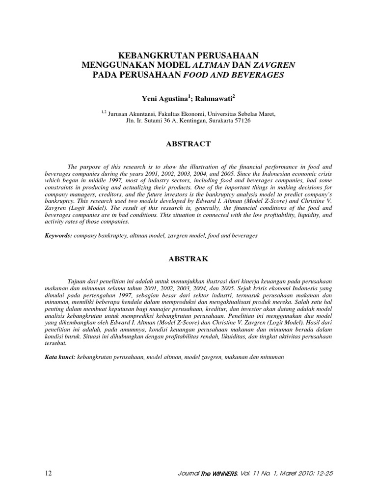 ID Kebangkrutan Perusahaan Menggunakan Model Altman Dan Zavgren Pada Perusahaan Foo | PDF