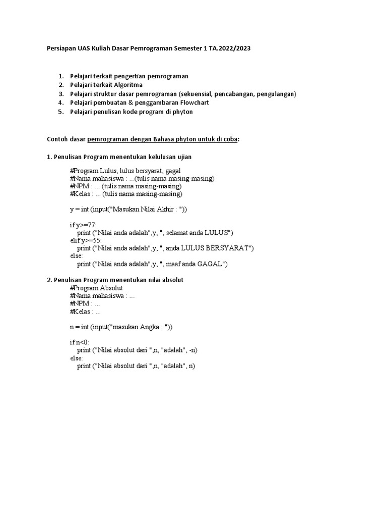 Persiapan UAS Pemrograman Python Semester 1 | PDF