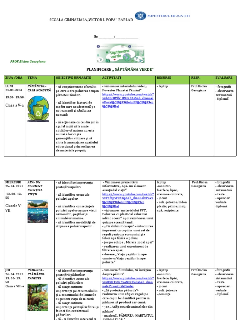 Planificare Saptamana Verde | PDF Planificare Saptamana Verde | PDF