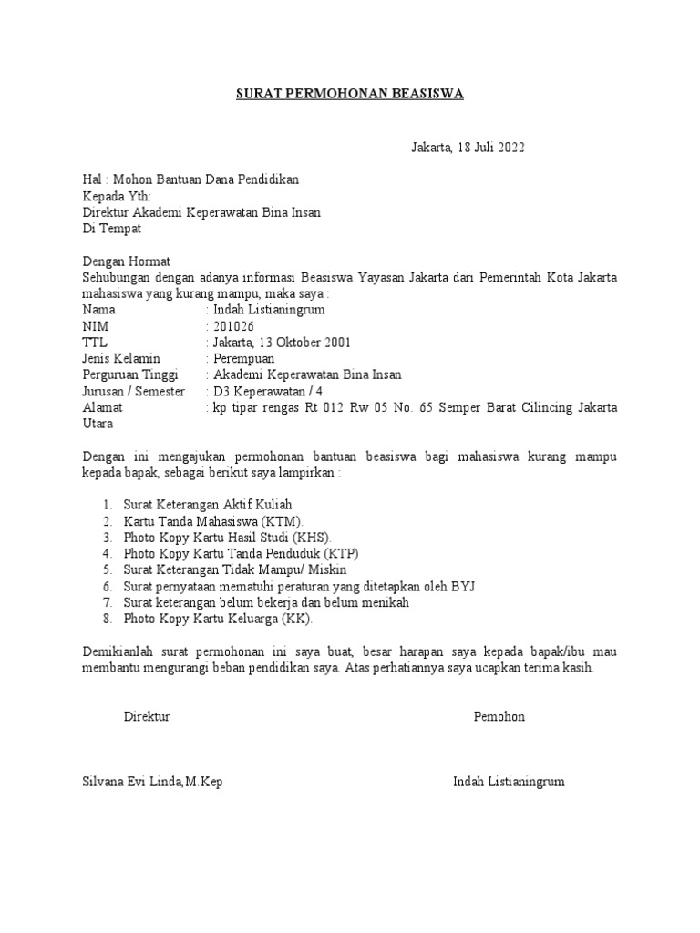 Contoh Surat Permohonan Beasiswa | PDF