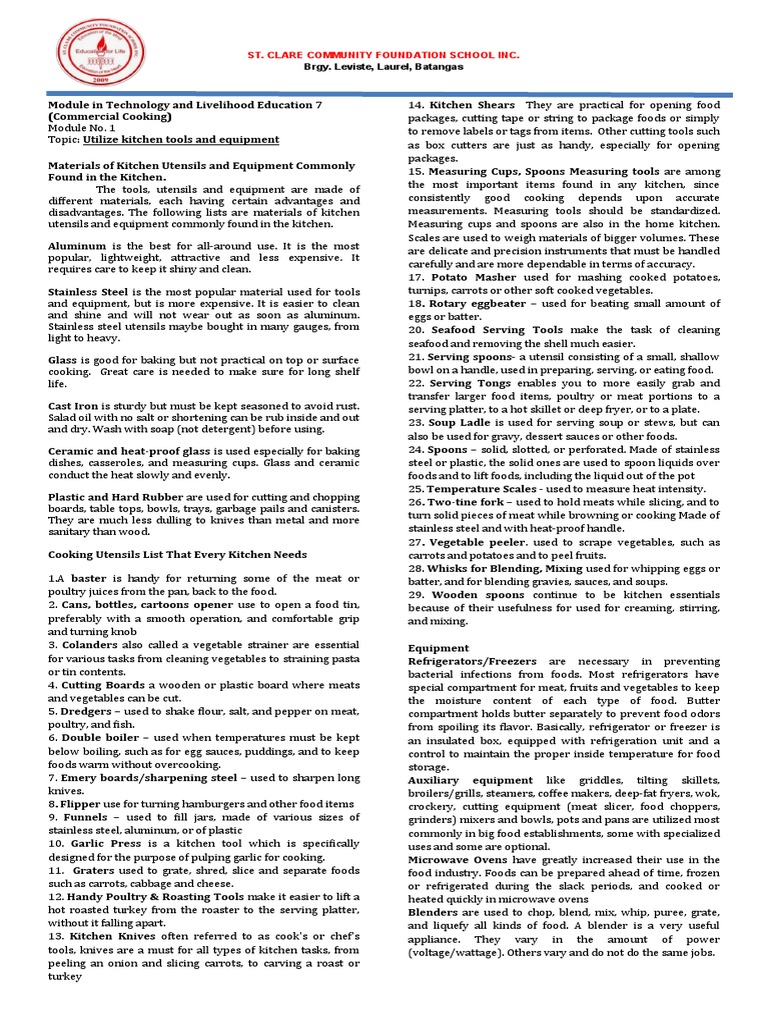 Instructional Module in TLE 7 Lesson 1 | PDF | Kitchen Utensil | Cooking