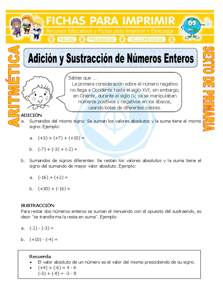 Adición-y-Sustracción-de-Números-Enteros-para-Sexto-de-Primaria.pdf | PDF