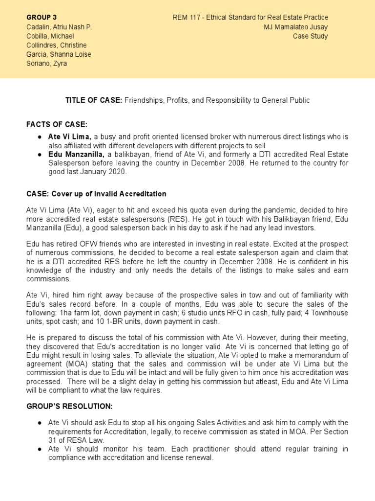 Case Study - Ethical Standard For Real Estate Practice | PDF | Business ... Case Study - Ethical Standard For Real Estate Practice | PDF | Business ...