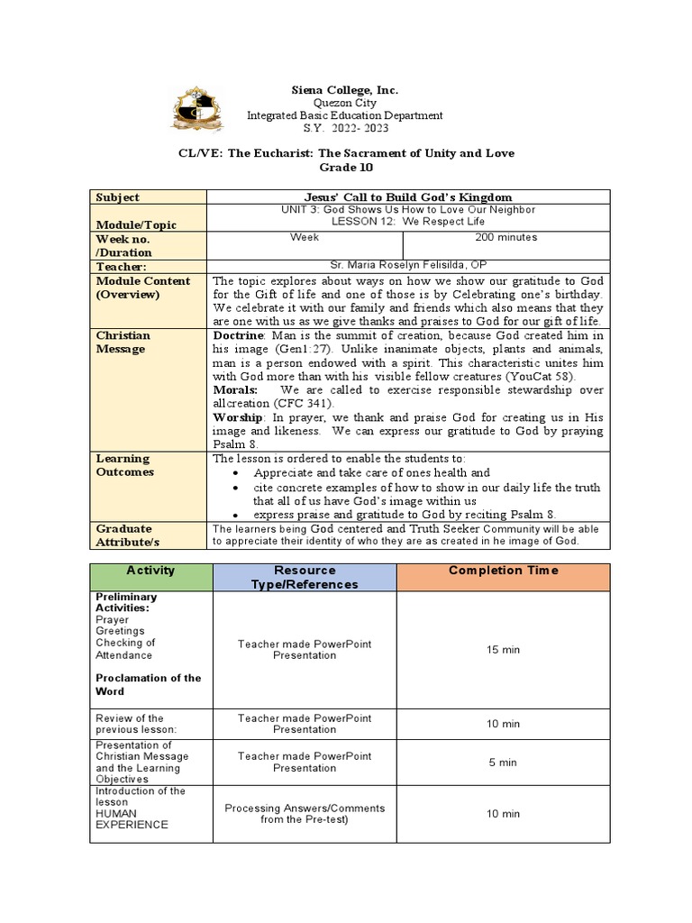 Grade 10 Lesson on Respecting Life | PDF | God | Gratitude