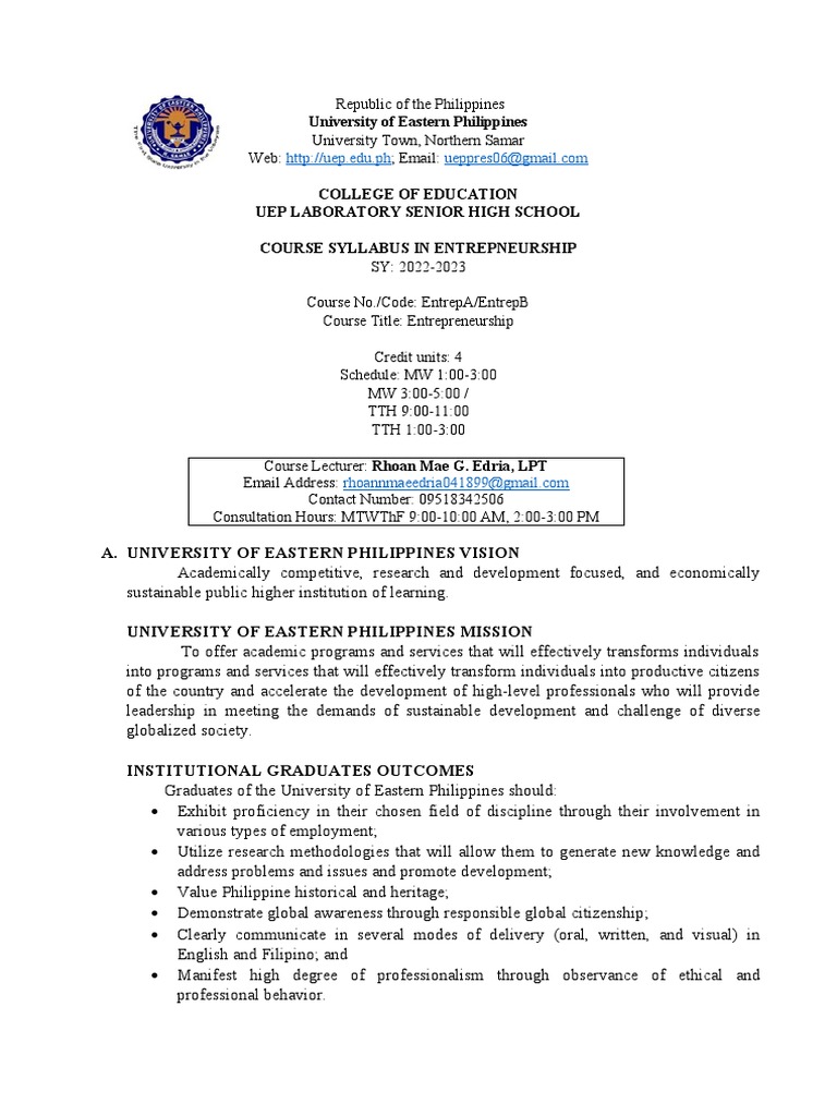 Org. and MNG'T Syllabus | Download Free PDF | Teachers | Entrepreneurship