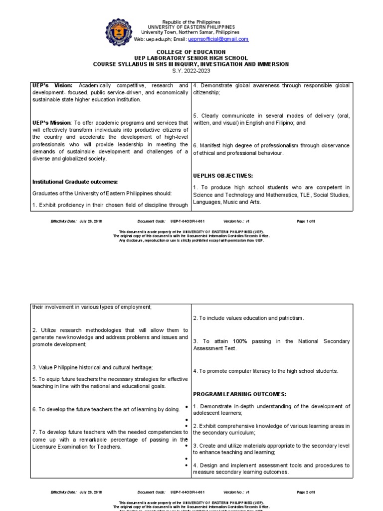 SYLLABUS IN SHS III (Immersion) | PDF | Educational Assessment | Teachers
