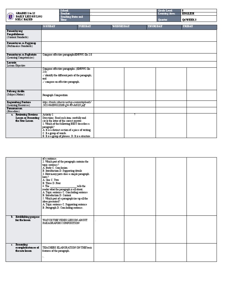 Melc DLL Eng 8 Week 3 Q4 Done | PDF | Paragraph | Education Theory