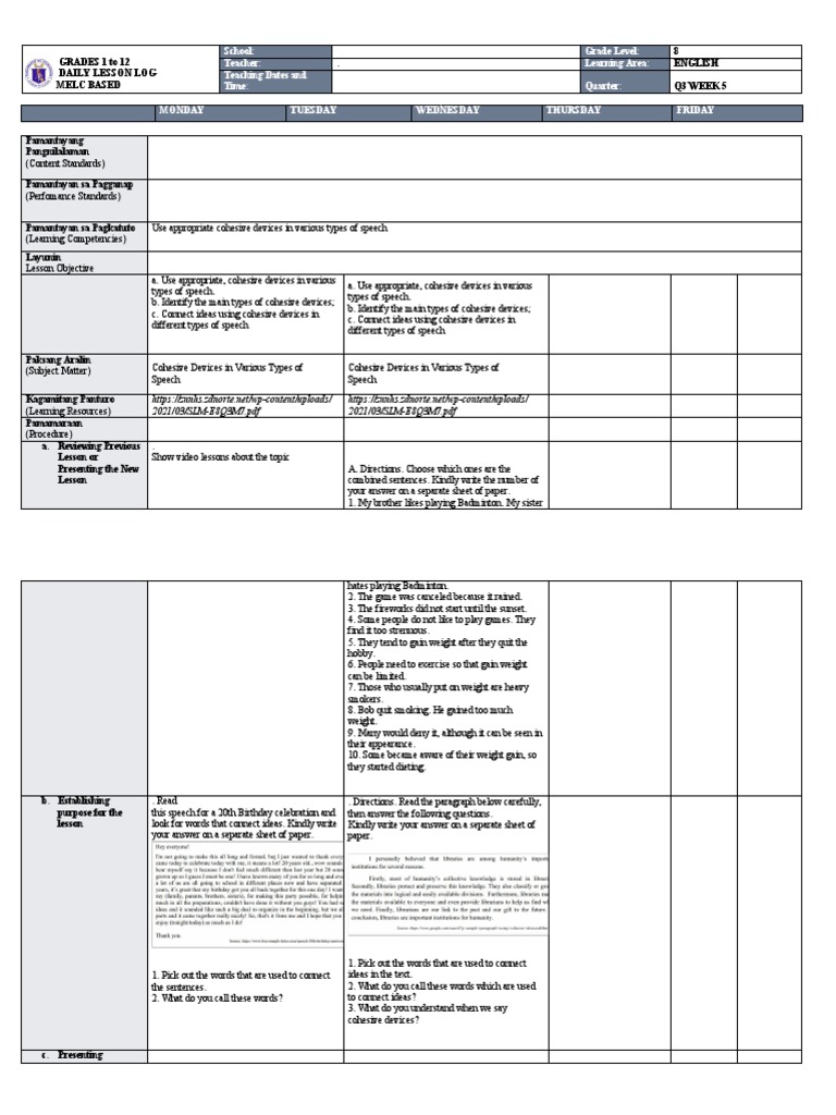 MELC DLL ENG 8 WEEK 5 Q3 Done | PDF | Cognition | Learning