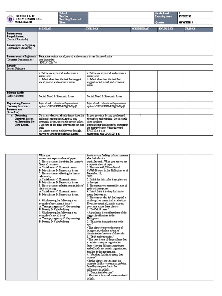 Melc DLL Eng 8 Week 3 Q3 Done | PDF | Morality | Learning