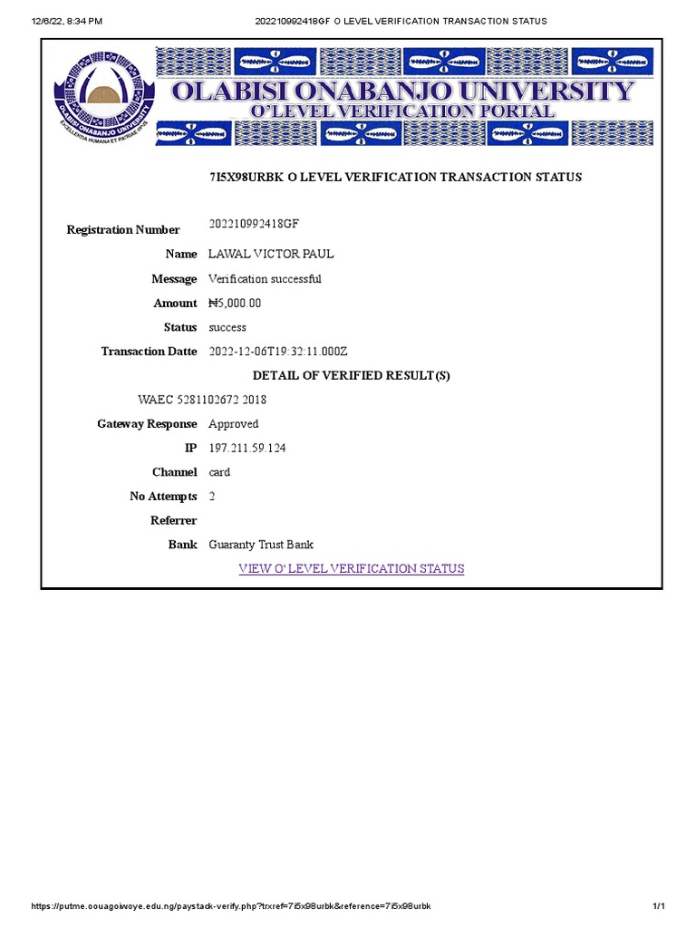 O Level Verification Success Confirmation | PDF | Finance & Money ...