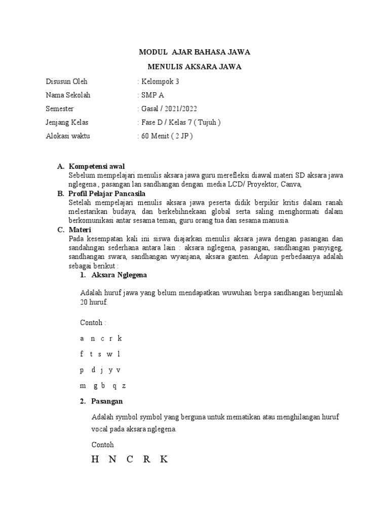 Modul Ajar Bahasa Jawa Aksara Jawa | PDF