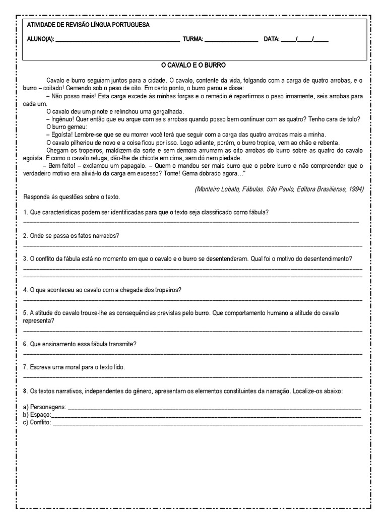 Fábula O Cavalo E O Burro Pdf Fábula Moralidade