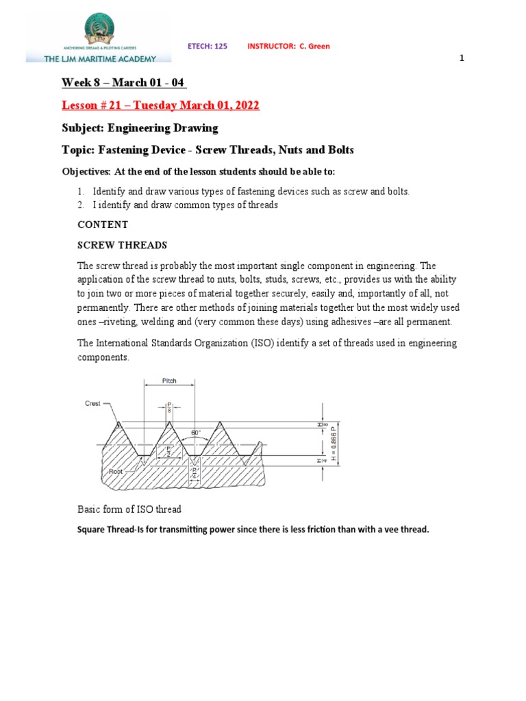 Engineering Drawing - Threads, Nuts and Bolts, Gears and Key Ways | PDF ...