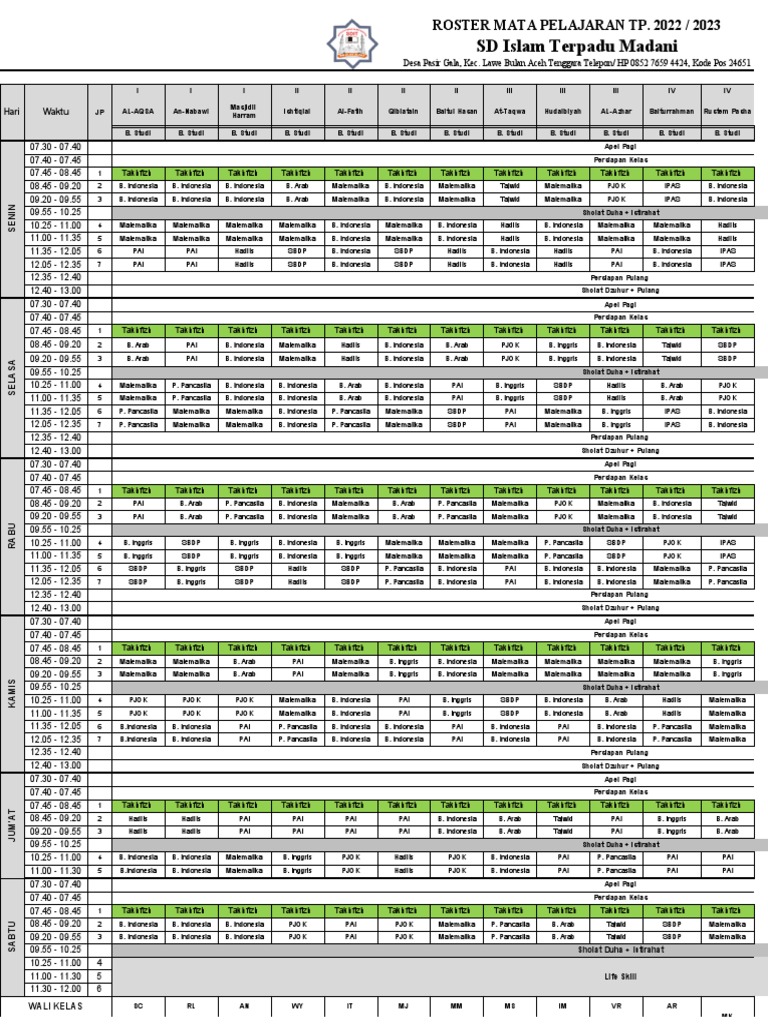 Roster Pelajaran SD Islam Terpadu 2022 | PDF