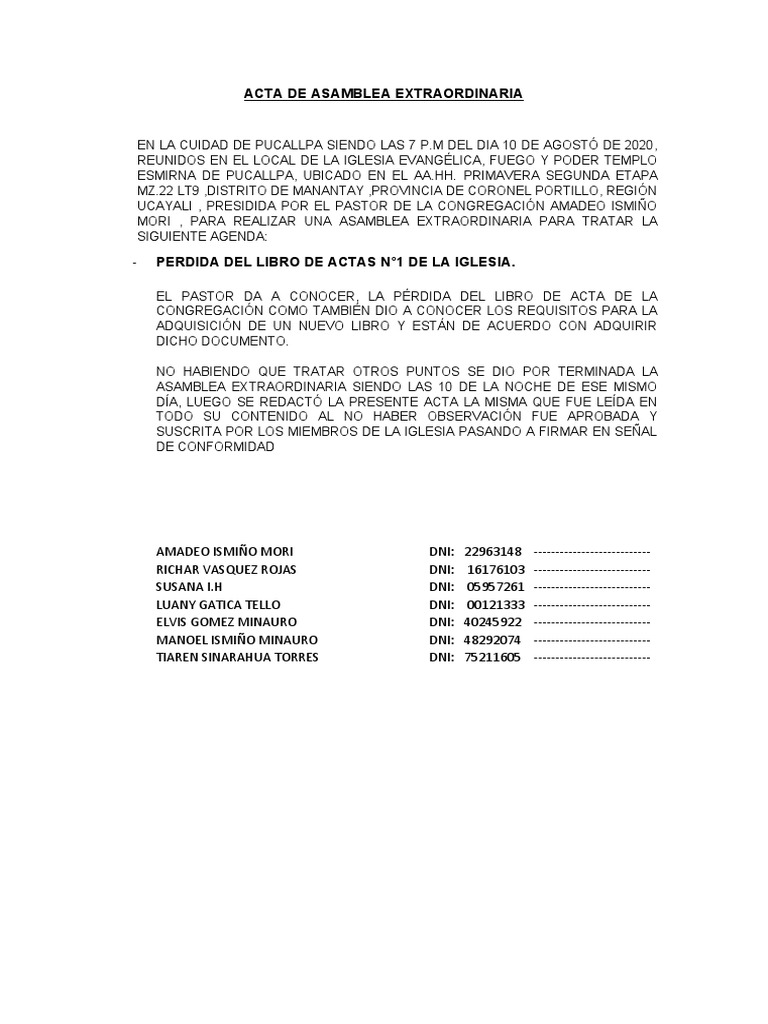 Acta de Asamblea Extraordinaria | PDF