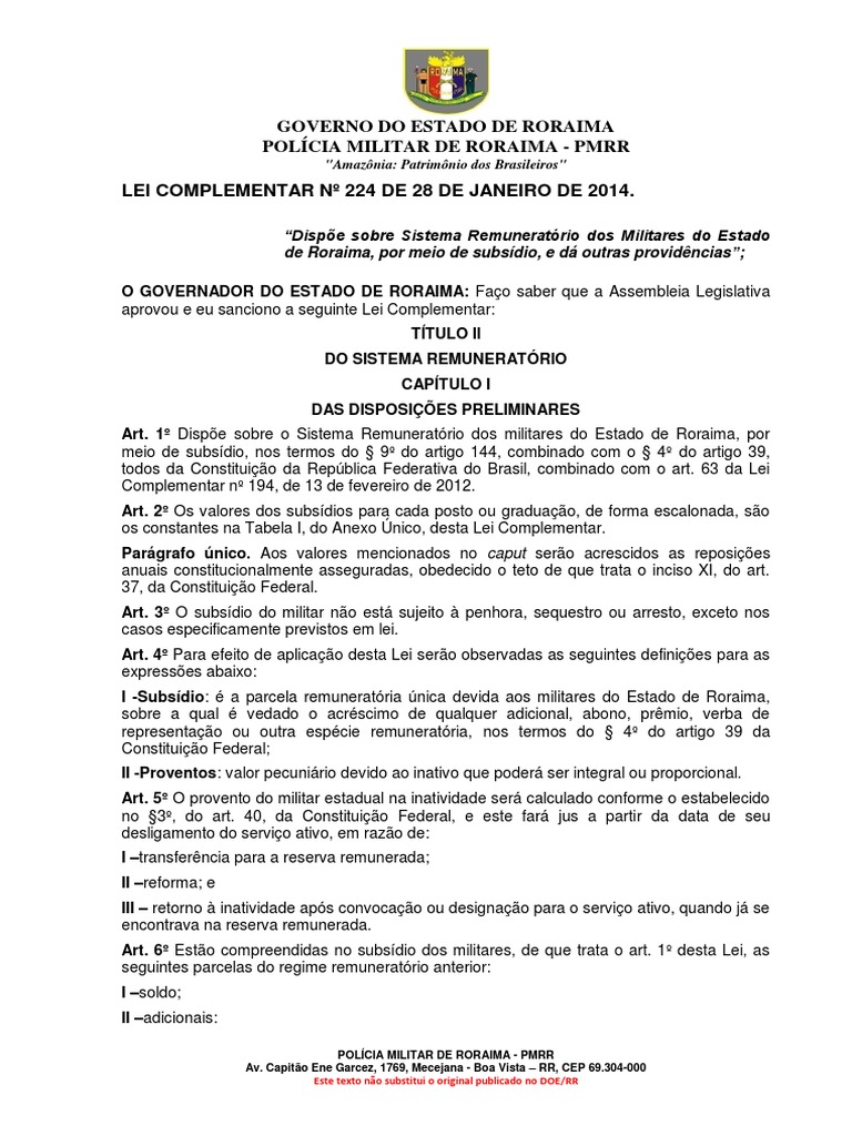 Lei Complementar #224-14, Dispõe Sobre o Sistema Remuneratório Dos Militares de Roraima, Por ...