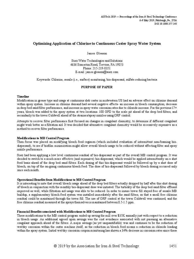 Optimizing Application of Chlorine To Continuous Caster Spray Water ...