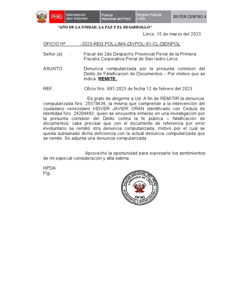 OFICIO TRANSCRIBIENDO DENUNCIA A LA FISCALIA 2021 | PDF | Policía | Fiscal