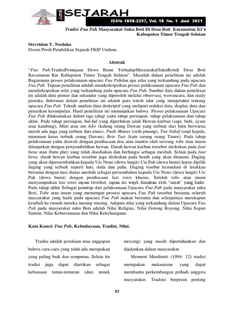Tradisi Fua Pah Masyarakat Suku Boti Di Desa Boti Kecamatan Ki | PDF