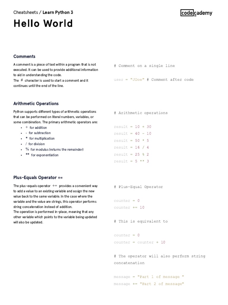 Learn Python 3 Hello World Cheatsheet Codecademy Pdf