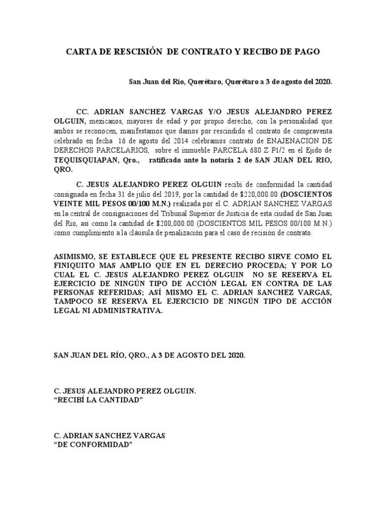 Carta de Rescisión de Contrato y Recibo de Pago | PDF