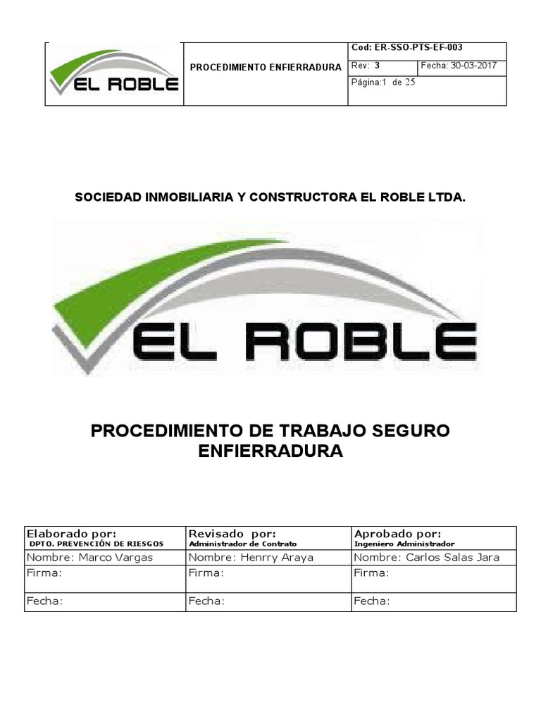 Er-Sso-Pts-Ef-003 Procedimiento de Enfierradura | PDF | Hormigón | Acero