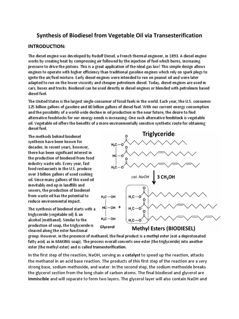 Experiment 9 - Synthesis & Analysis of Biodiesel From Vegetable Oil Via Transesterification ...