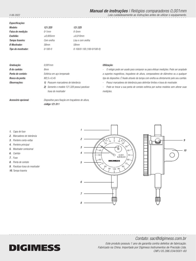 Manual de Relógios Comparadores 0,001mm | PDF | Parafuso | Ciências Físicas