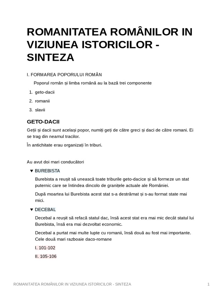 Romanitatea Romnilor in Viziunea Istoricilor - Sinteza | PDF