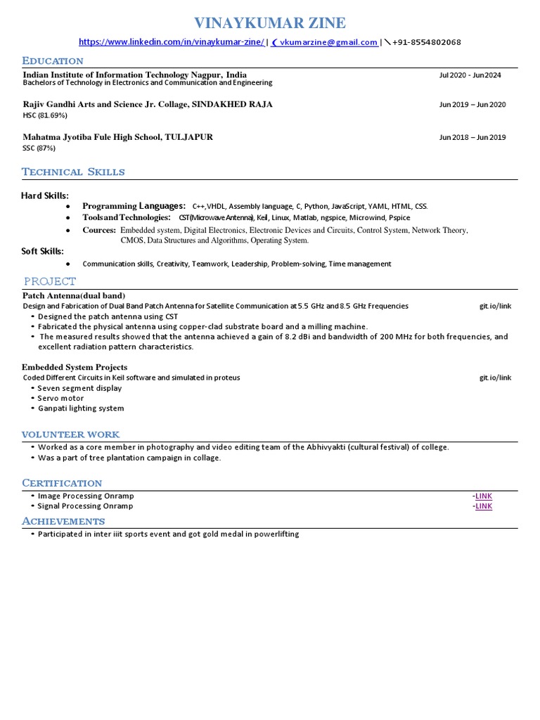 Vinaykumar Zine CV | PDF | Antenna (Radio) | Electronics