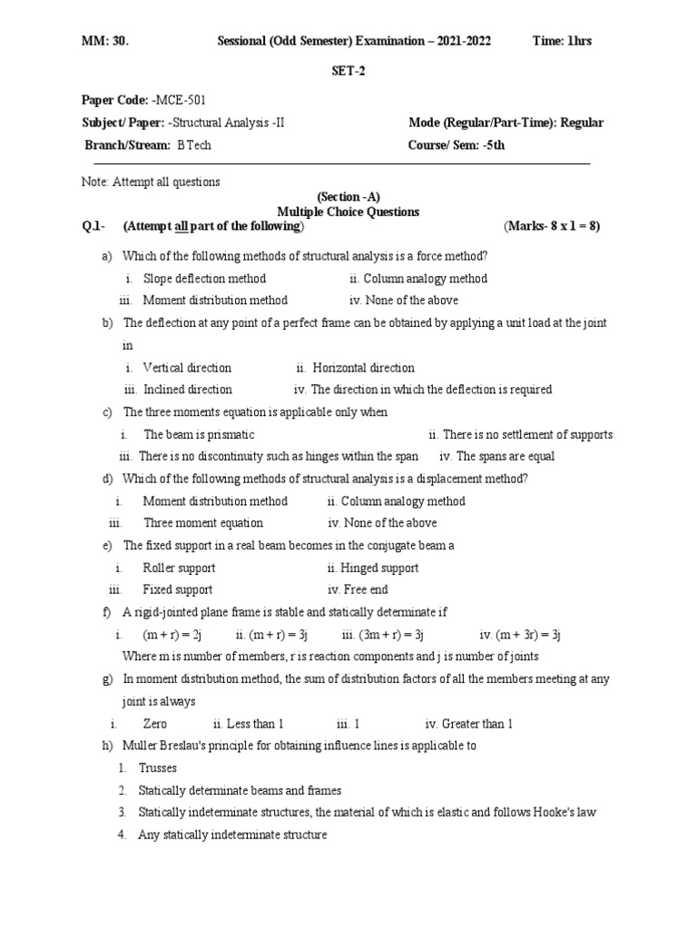 BTech5th - Structural Analysis - II - 30 - Set - 2 | PDF | Beam (Structure) | Structural Analysis
