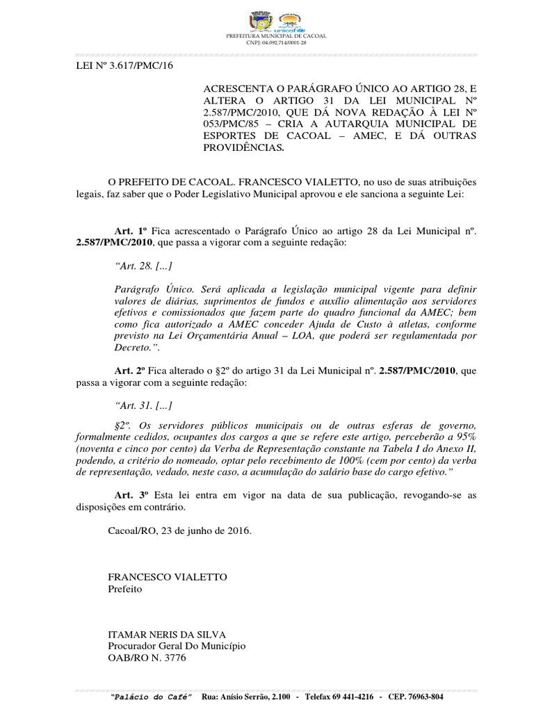 Lei 3.617 - Acrescenta o Paragrafo Unico Ao Artigo 28 - e Altera o Art 31 Da Lei 2.587-10 | PDF