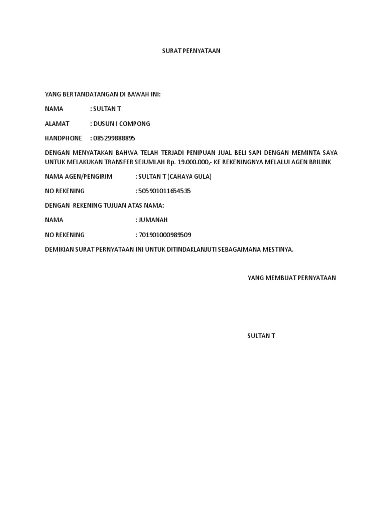 Surat Pernyataan Penipuan Sapi | PDF Surat Pernyataan Penipuan Sapi | PDF
