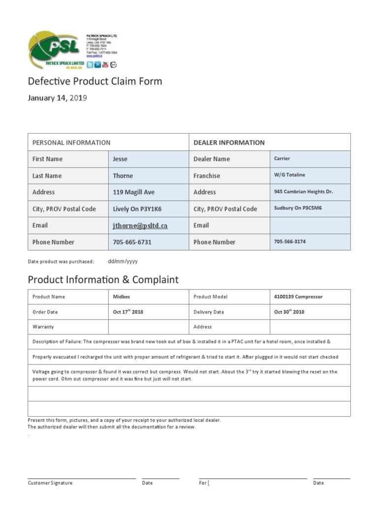 Defective Product Claim Form WG 4100139 | PDF