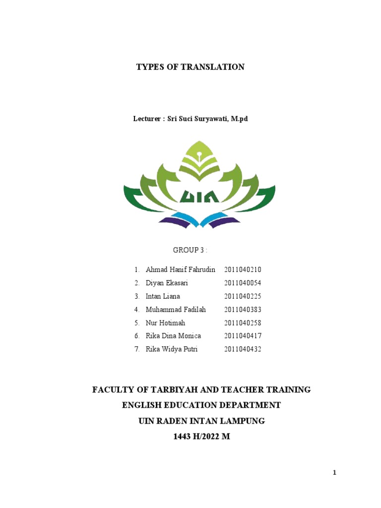 (group 3) TYPES OF TRANSLATION-2 | PDF | Translations | Theory