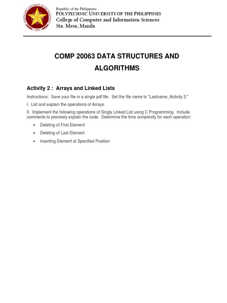 Activity 2 - Arrays and Linked Lists PDF | PDF Activity 2 - Arrays and Linked Lists PDF | PDF