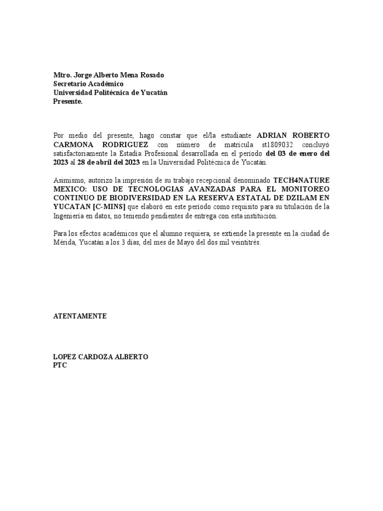 Carta Terminación Estadía Adrian Carmona Pdf