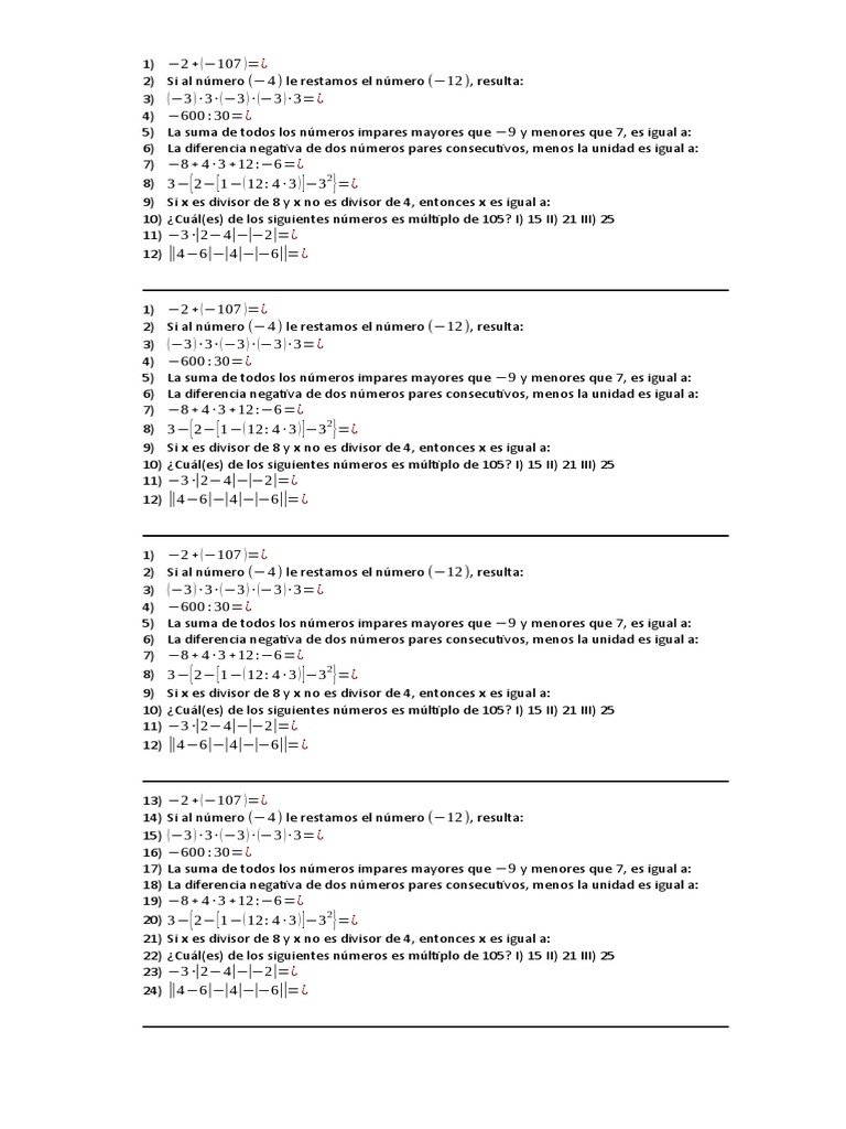 Ejercicios Numeros Enteros | PDF
