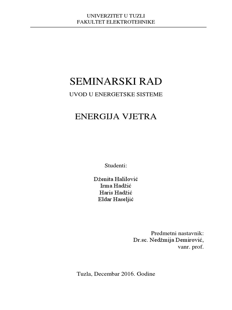 Seminarski Rad - Energija Vjetra | PDF