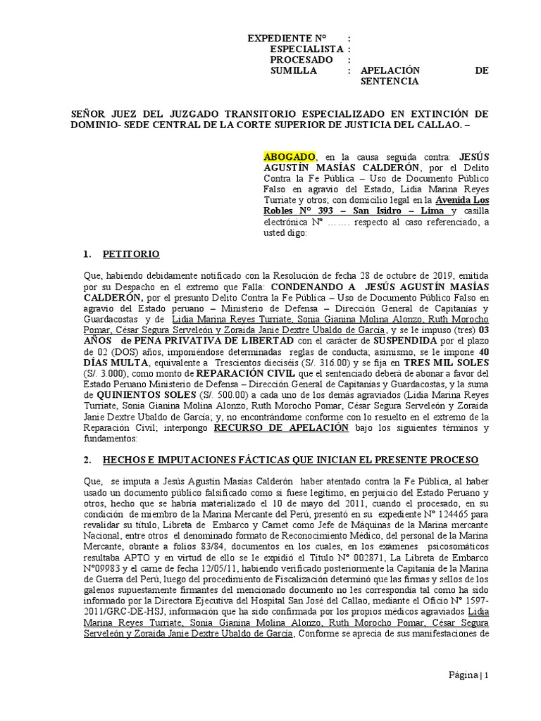 Modelo de Apelacion de Sentencia - Reparacion Civil | PDF | Causalidad (Ley) | Derecho penal