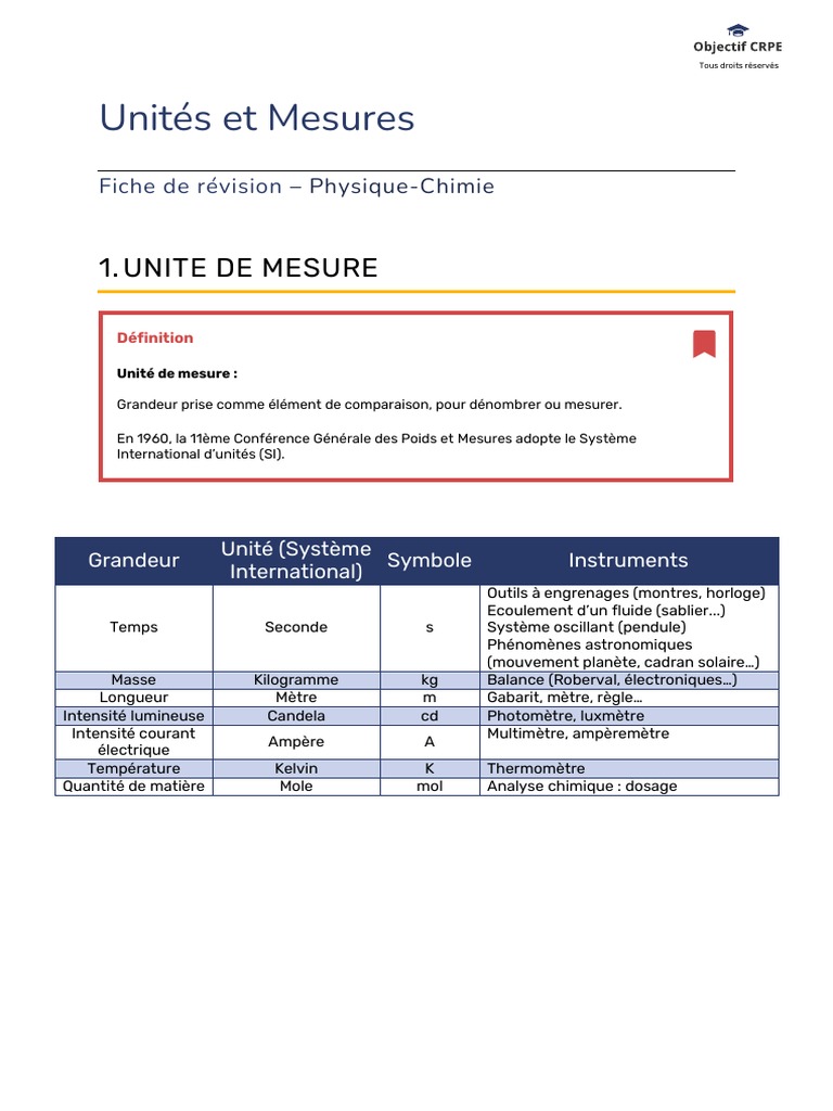 Unités Et Mesures Fiche | PDF | Mètre | Watt