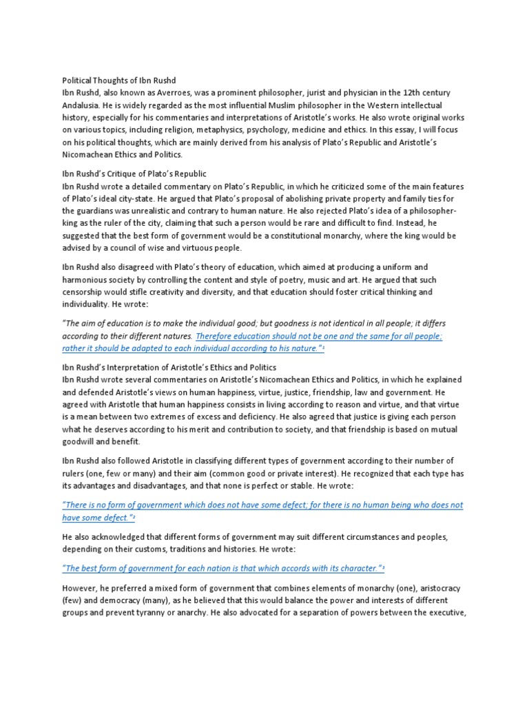 Political Thoughts of Ibn Rushd | PDF | Political Philosophy | Kafir