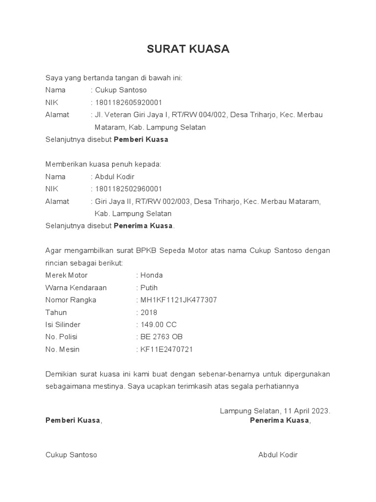 Surat Kuasa Pengambilan BPKB | PDF