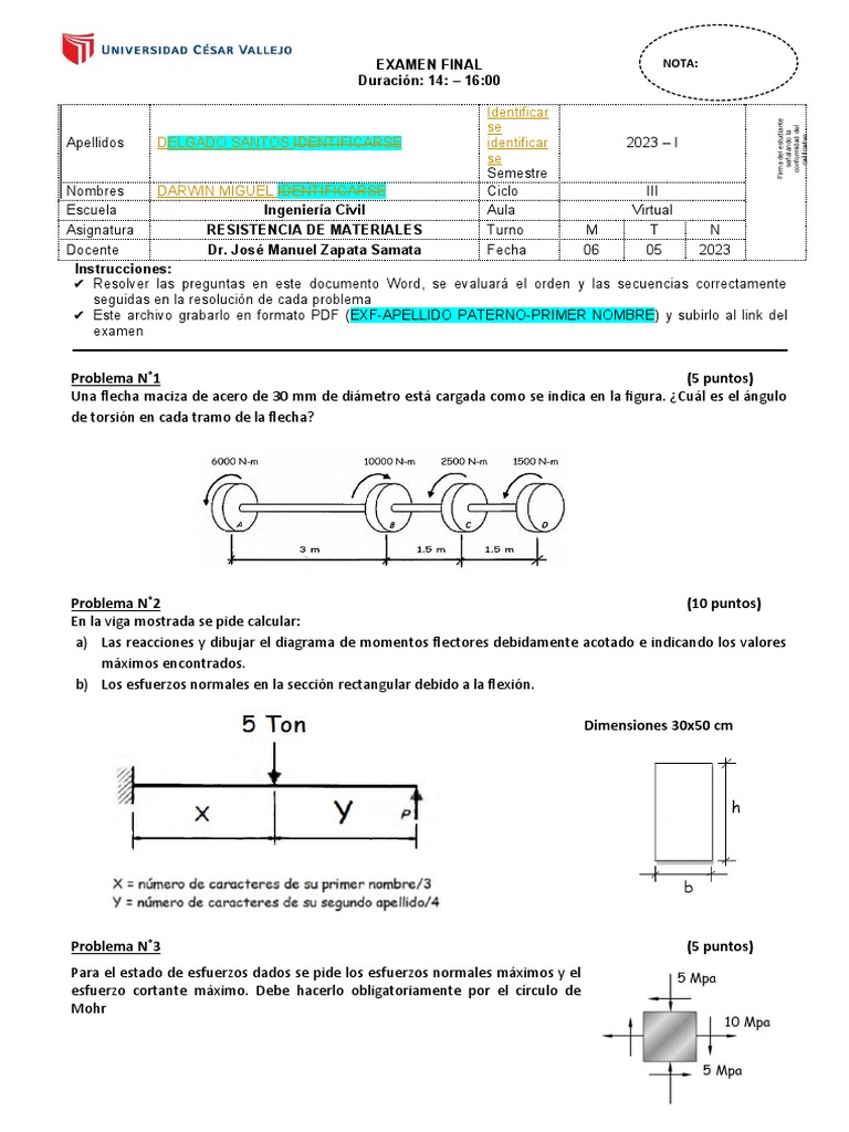 Examen final de Resistencia de Materiales: Problemas de torsión, flexión y esfuerzos | PDF ...