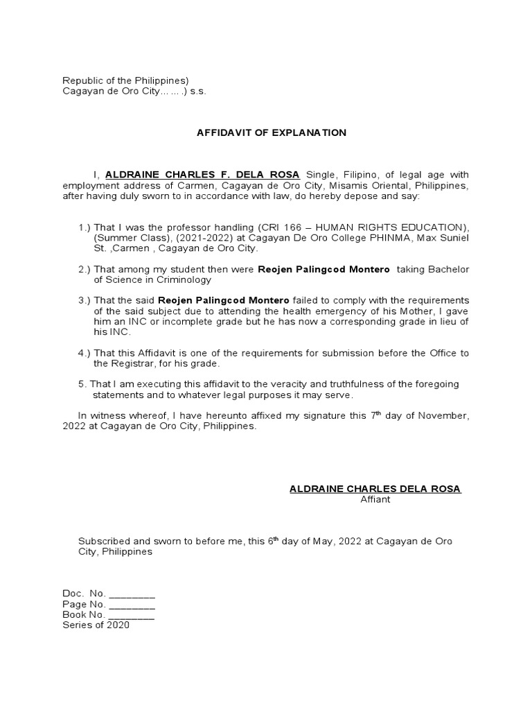 Affidavit explaining student grade change | PDF
