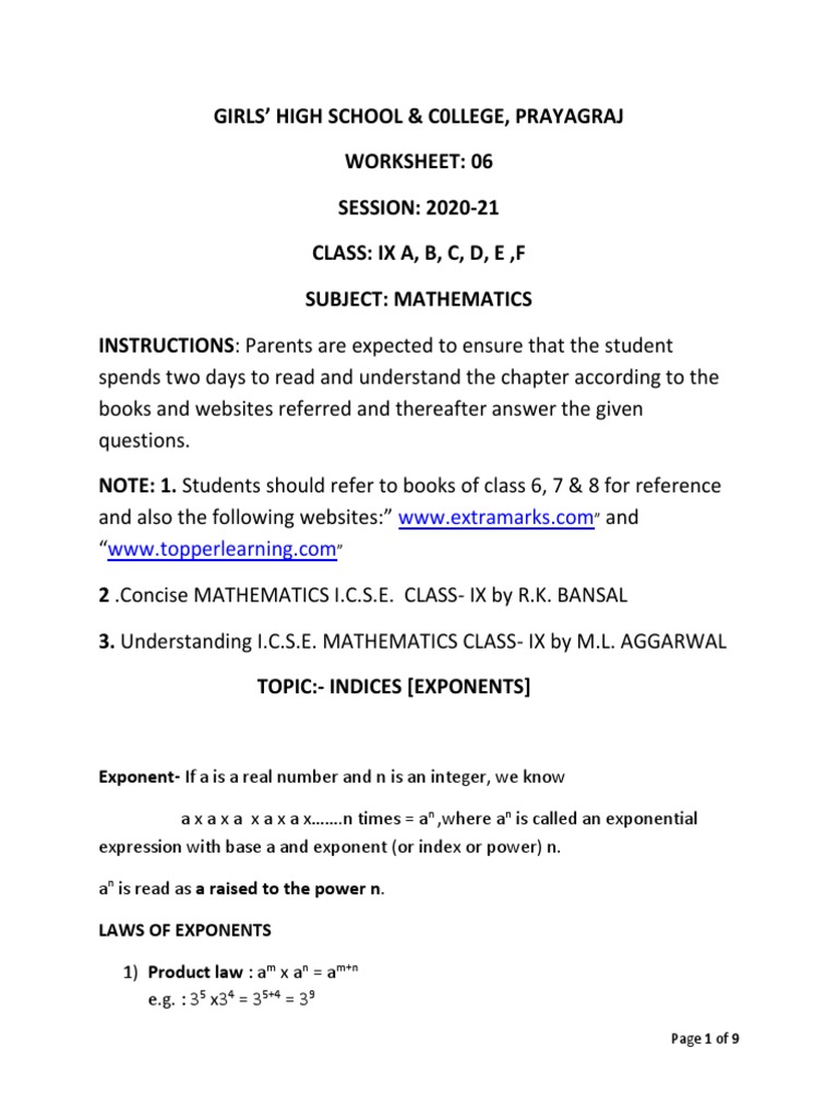 Class 9 Maths Ws 06 PDF | PDF | Equations | Exponentiation